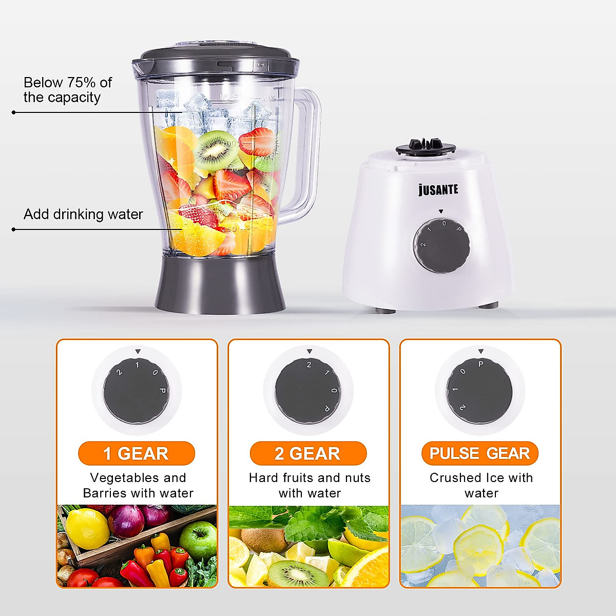 Blender for Shakes and Smoothies 52oz Plastic Jar and 500 Watts Countertop Blender for Kitchen with Pulse Smoothie Blender Licuadora White and Grey Ice Crusher Blender for Frozon