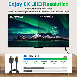 Duttek 8K Micro HDMI to HDMI Coiled Cable, 48Gbps HDMI to Micro HDMI 2.1 Version, Ultra Thin Micro HDMI Male to HDMI Male Cable Support Dynamic HDR for 8K@60Hz, 4K@120Hz Digital Cameras 4FT/1.2M