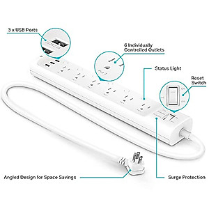 Kasa Smart Plug Power Strip HS300, Surge Protector with 6 Individually Controlled Smart Outlets and 3 USB Ports, Works with Alexa & Google Home, No Hub Required , White