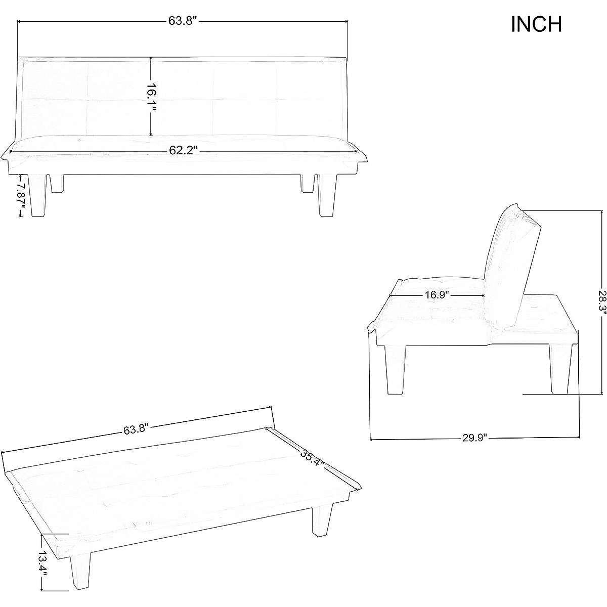 LCH Convertible Folding Sofa Bed, Futon Sofabed with 3 Adjustable Positions for Living Room, Home, 63.8” x29.9”x 28.3”, Black