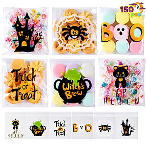 JOYIN 150 PCS Halloween Cellophane Treat Bags, Self Adhesive Clear Cookie and Candy Bags for Kids Trick or Treating, Goodie Gift Ziplock Bags for Halloween Party Favors Supplies