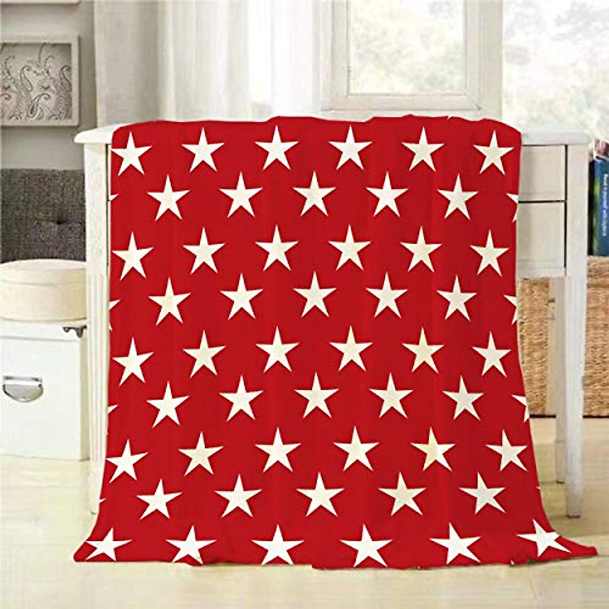 Mugod Stars Throw Blanket USA Flag White Stars on a Red Background Seamless Pattern Decorative Soft Warm Cozy Flannel Plush Throws Blankets for Bedding Sofa Couch 50 X 60 Inch