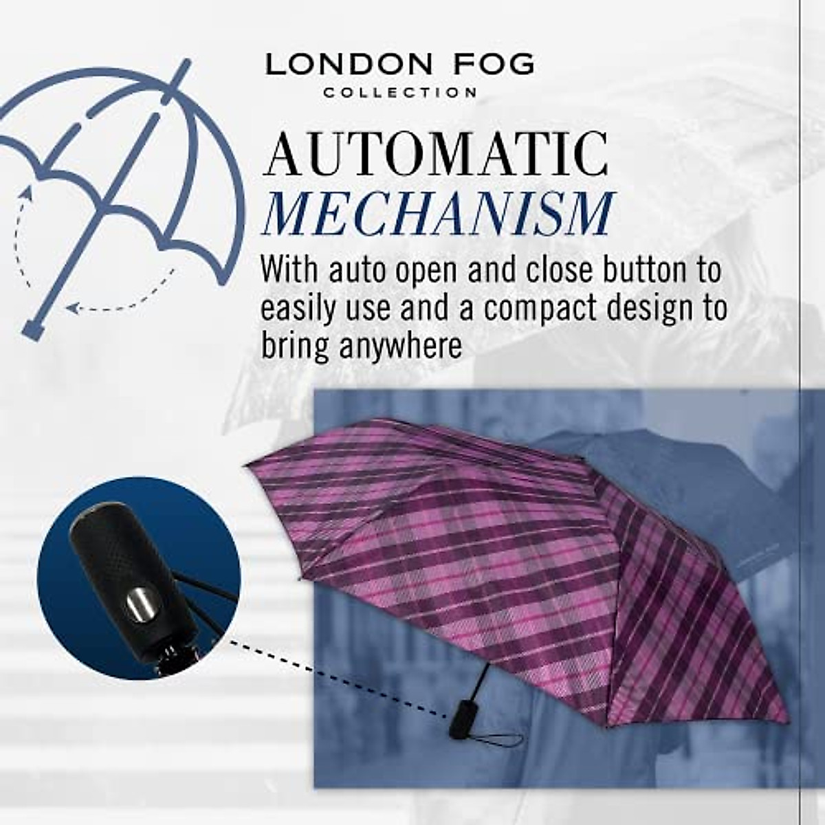 LONDON FOG Mini Rain Umbrella, Automatic Folding Umbrella, Windproof, Lightweight and Packable for Travel, Full 42 Inch Arc, Purple Tartan