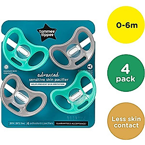 Tommee Tippee Advanced Sensitive Skin Pacifier, Unique Shield for Less Skin Contact, Symmetrical Design, BPA-Free Binkies, 0-6m, 4 Count