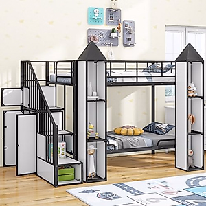 BOVZA Castle Shaped Bunk Bed with Wardrobe and Multiple Storage, Twin Over Twin Metal Bunk Bed Frame with Storage Staircase and Guardrails for Kids Boys Girls Teens, Black+White