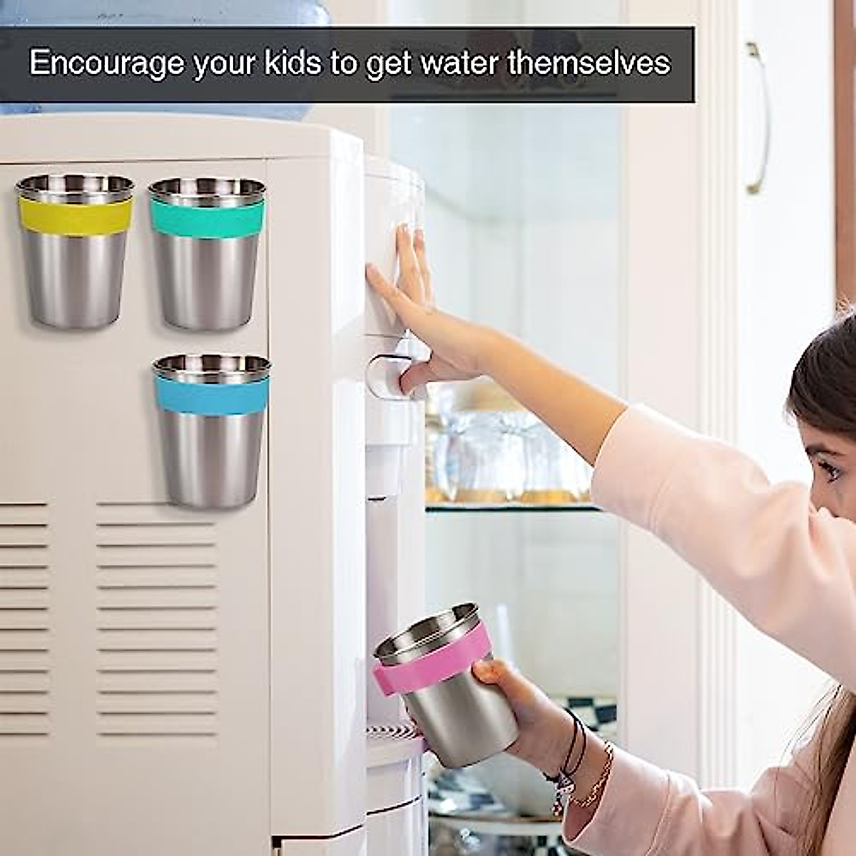 SOPHICO Magnetic Hanging Cups for Toddlers Kids and Adults, Hanging Cup on Fridge or Water Coolers, for Independent Drinkers (Mix, Stainless Steel)