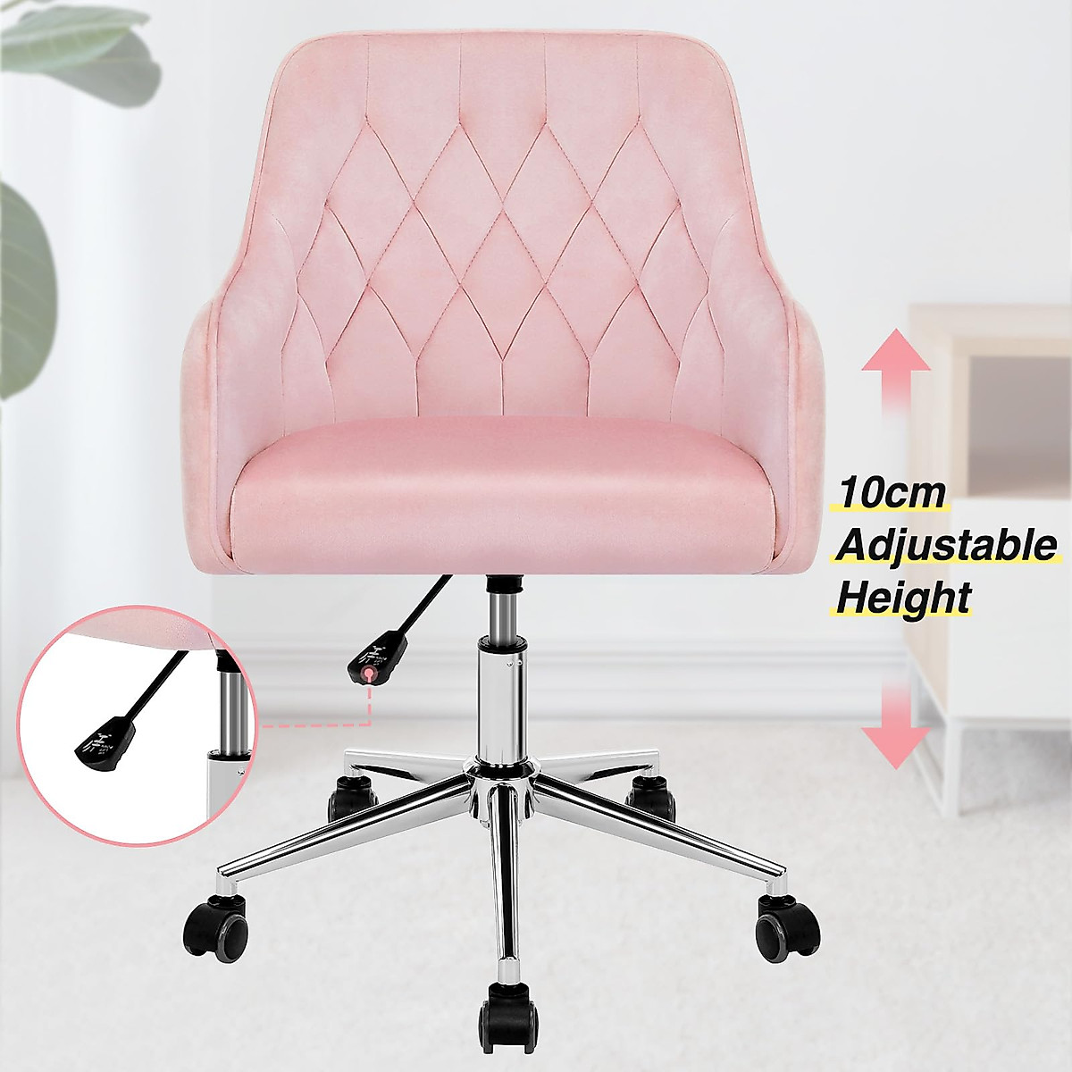 VANSPACE Velvet Desk Chair Vanity Chair for Makeup with Wheels and Back Home Office Chair Adjustable Rolling Swivel Chair for Bedroom Vanity Room Pink