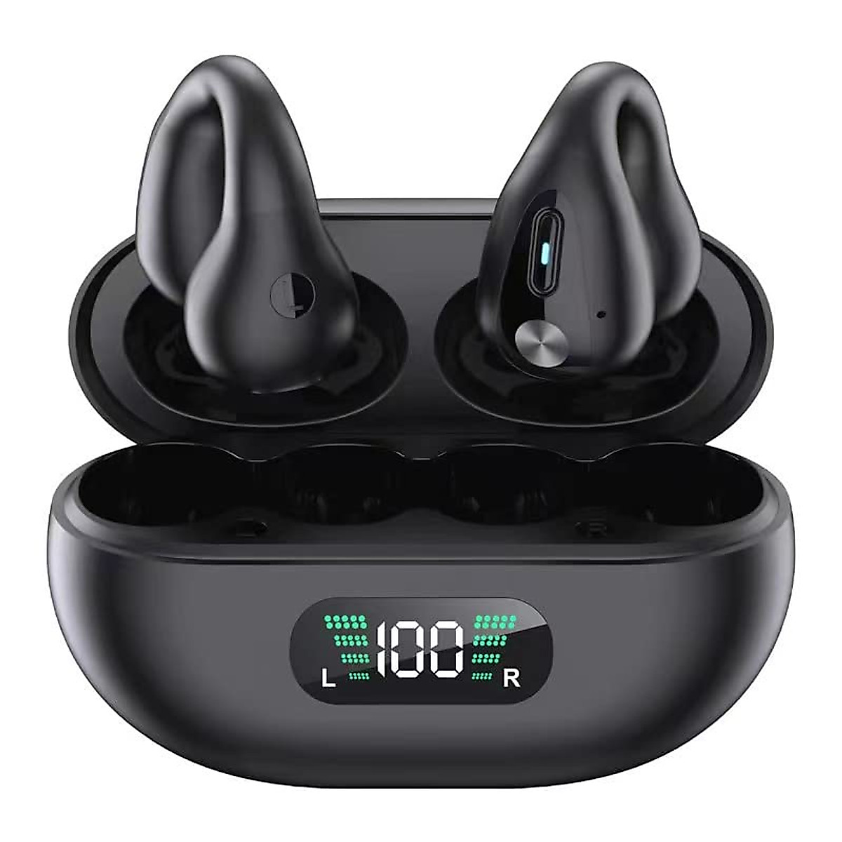 Wireless Earbuds Bluetooth Ear Clip Bone Conduction HeadphoneHi-fi Stereo with Portable Charging case Long Battery Life (Black)