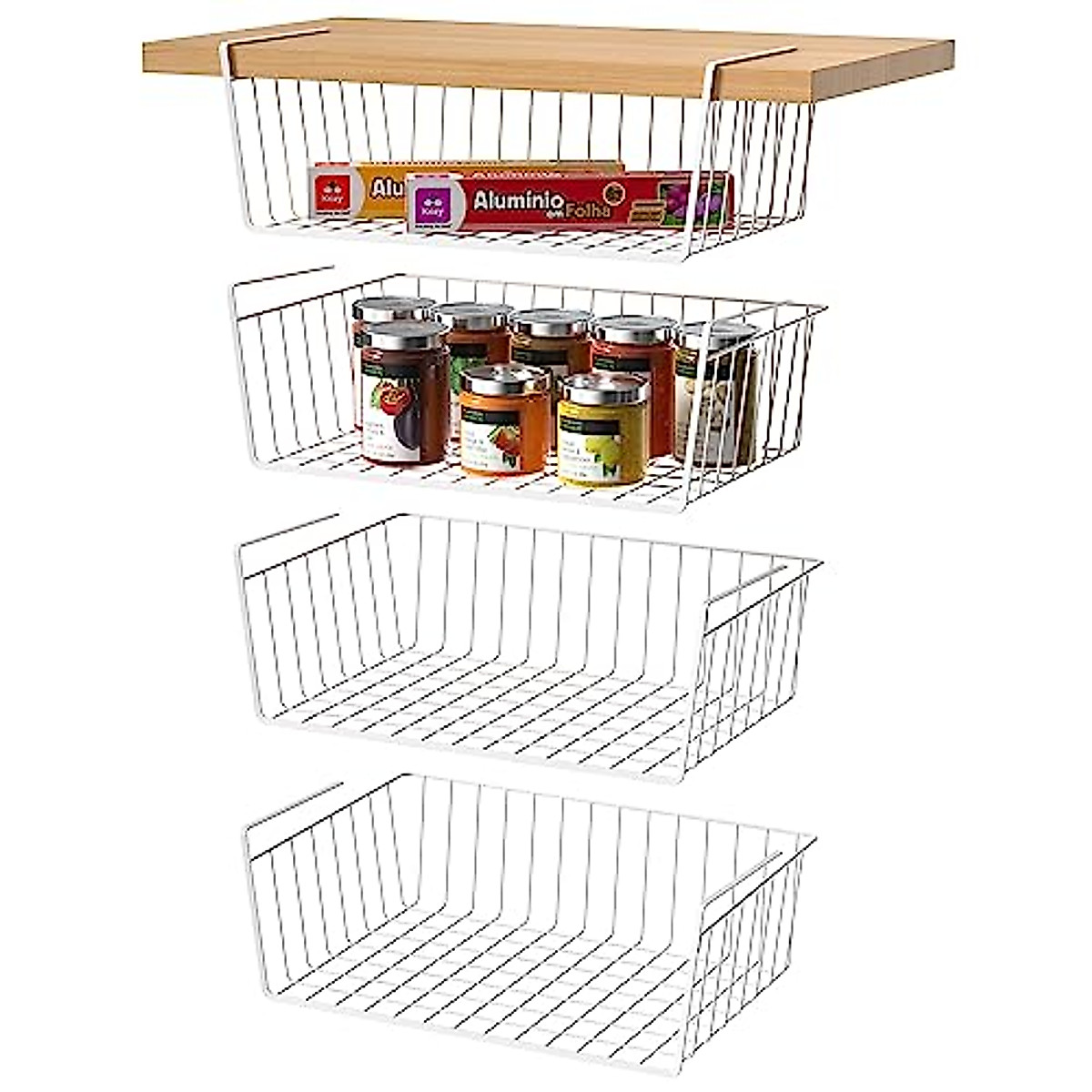 Bellsal Under Shelf Basket, 4 Pack Metal Hanging Wire Shelf Under Shelf Storage, Slides Under Cabinet Shelf, Space Saving for Kitchen Pantry Office Bathroom Bookshelf Under Shelf Organizer, White