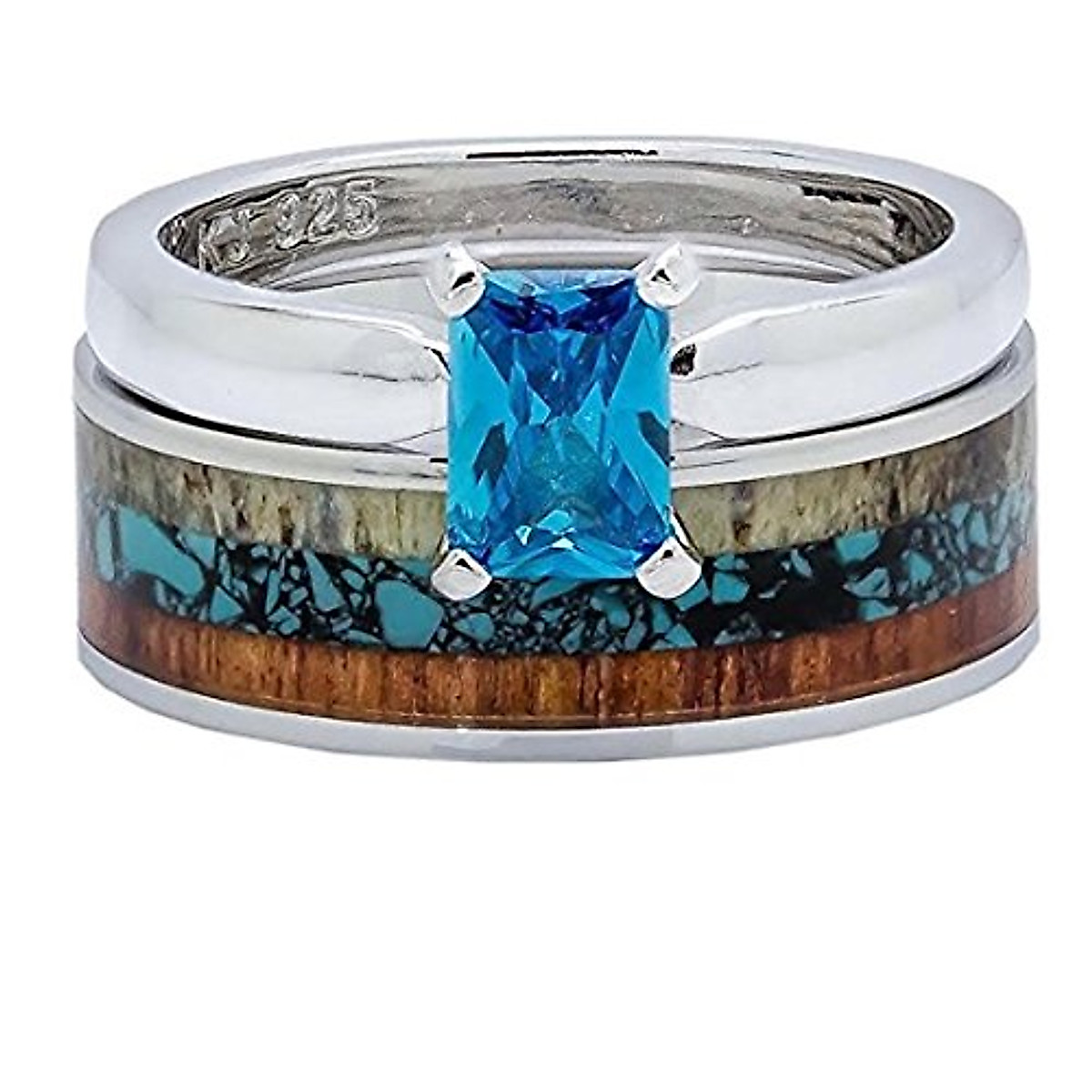 2 pc Wedding Rings Set Deer Antler Turquoise Koa Wood Stainless Steel Sterling Silver Engagement Rings (10)