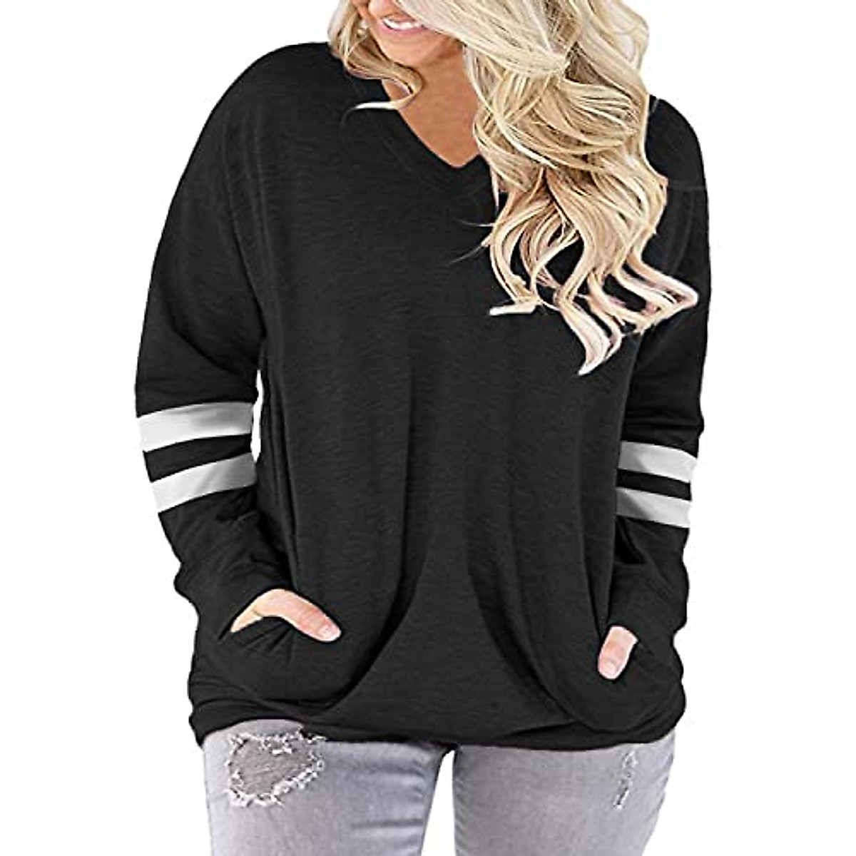 ROSRISS Plus Size Sweatshirts for Women 3X V Neck Shirts Blouses with Pockets Black 24W