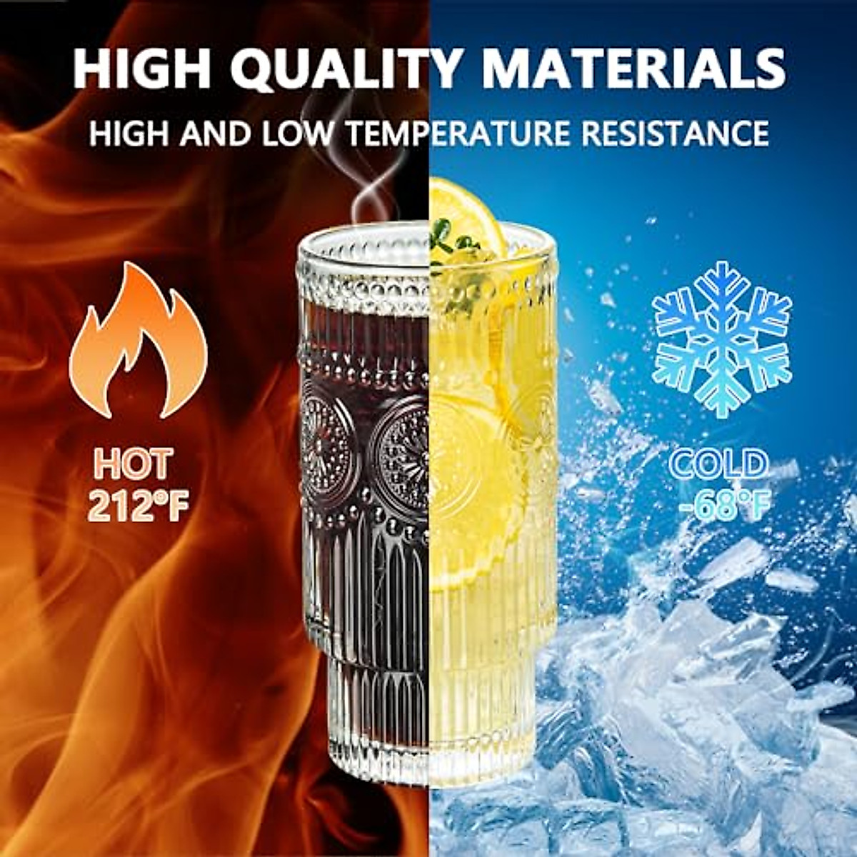 SoulTimes 4 Pack Large 16oz Ribbed Glassware Set, Flower Design Stackable Glass Cups, Vintage Textured Clear Striped Drinking Glasses Set, for Bar Beverages,Juice,Water,Cocktail,Iced Coffee