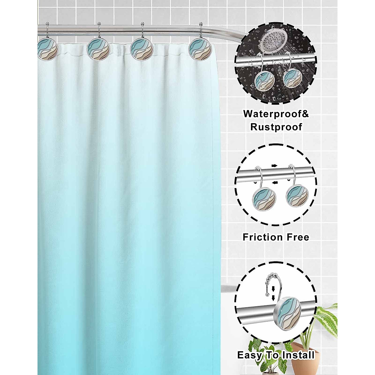 Turquoise Brown Cream Shower Curtain Hooks, Beach Geometric Gradient Striped Teal Decorative Shower Curtain Hooks for Bathroom Abstract Modern Stainless Steel Rustproof Shower Curtain Rings Set of 12
