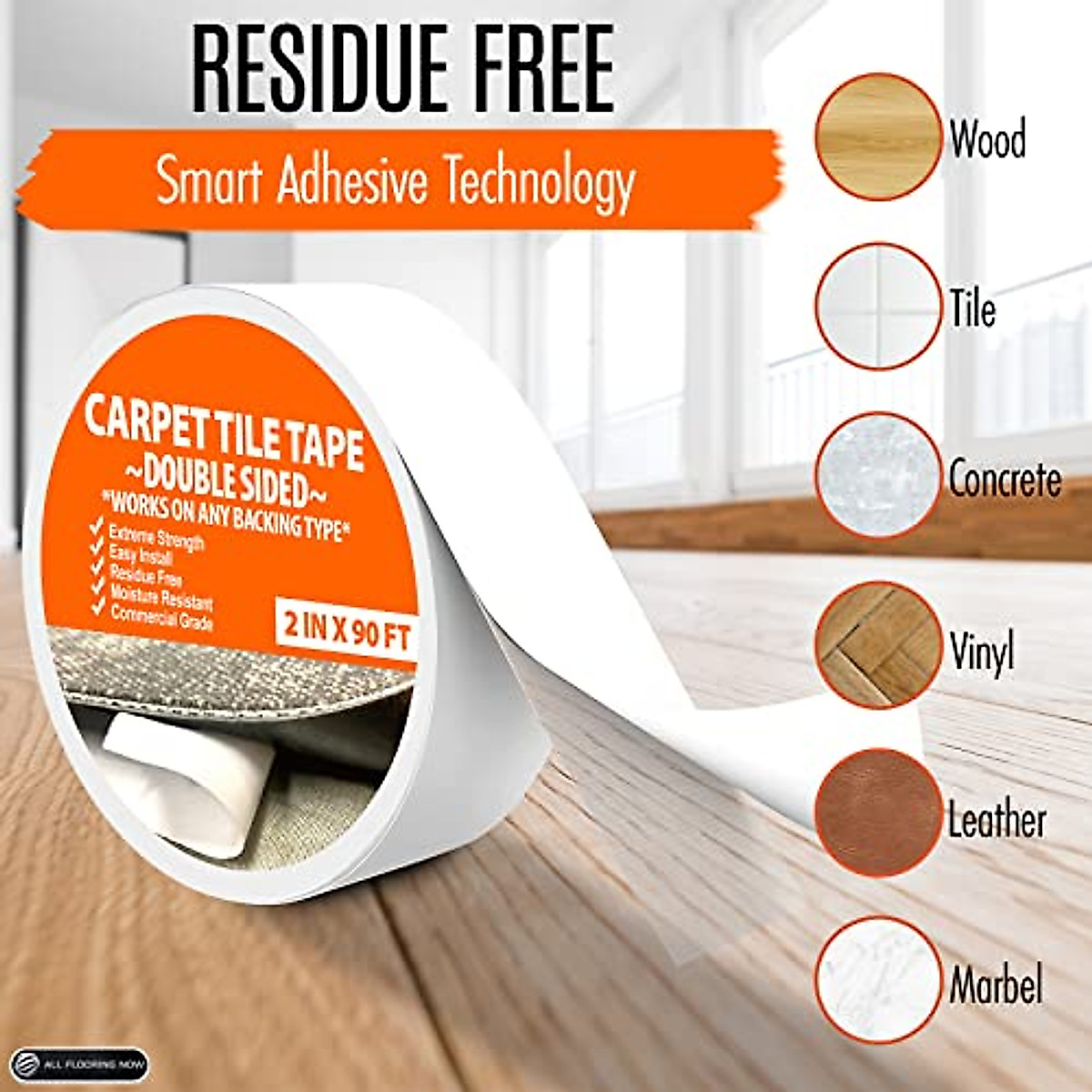 ALL FLOORING NOW Double Sided Tape Heavy Duty Carpet Tape 2in x 90ft For Carpet Tiles, Rug Tape, Vinyl Flooring, Indoor Outdoor Carpet, Grip Tape, Rug Tape Hardwood Floor Double Stick Tape Rug Gripper