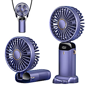 Portable Handheld Fan, Type-C Rechargeable, 4000mAh Battery Operated Fan with LED Display, 90° Foldable , 5 Speed Wind,Handheld/Neck/Desk 3 in 1 Personal Small Fan, Makeup Fan for Women (Purple)