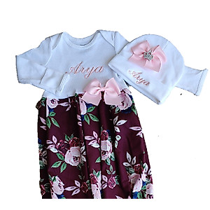 Theposhlayette Newborn Baby Girl Coming Home Outfit Personalized Floral Layette Gown with Beanie Baby Girl Shower Gifts (0 to 3 months)