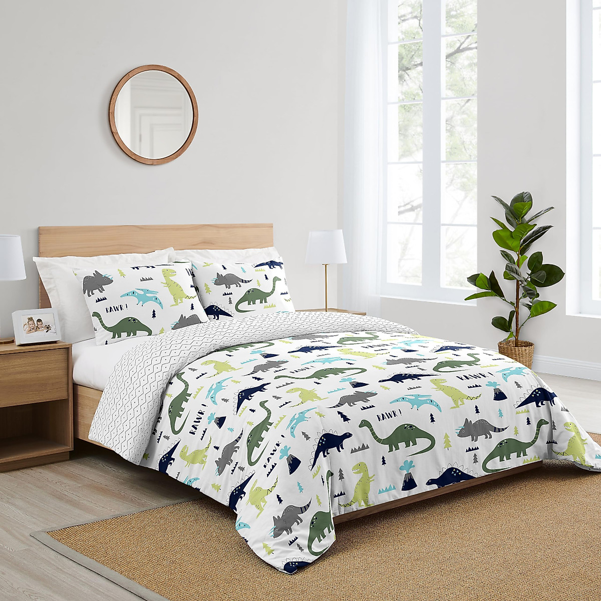Sweet Jojo Designs Navy Blue and Green Modern Dinosaur Boys or Girls 3 Piece Full/Queen Bedding Childrens Teen Mod Dino Set