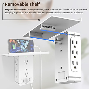 Wall Socket Outlet Extender with Shelf, 3 USB Ports, 8 AC Outlet, Surge Protector 1020J, White
