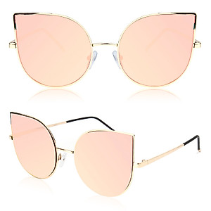 SOJOS Cat Eye Mirrored Flat Lenses Ultra Thin Light Metal Frame Women Sunglasses SJ1022 with Gold Frame/Pink Mirrored Lens
