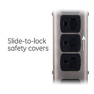 GE 5-Outlet Surge Protector Power Strip, 2 USB Ports, 4 ft Long Extension Cord, Flat Plug, Extra Wide Adapter Spaced Outlet, Slide-to-Close Safety Outlets, 300 Joules, Brushed Nickel, 25428