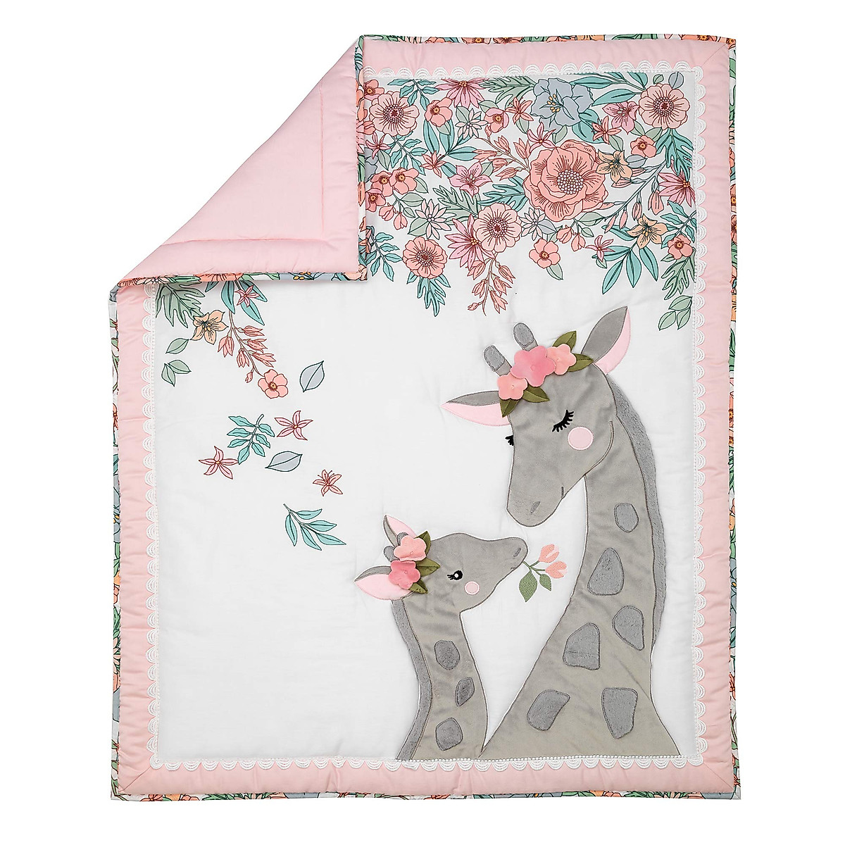 Lambs & Ivy Giraffe and a Half Pink/Gray 4-Piece Nursery Baby Crib Bedding Set