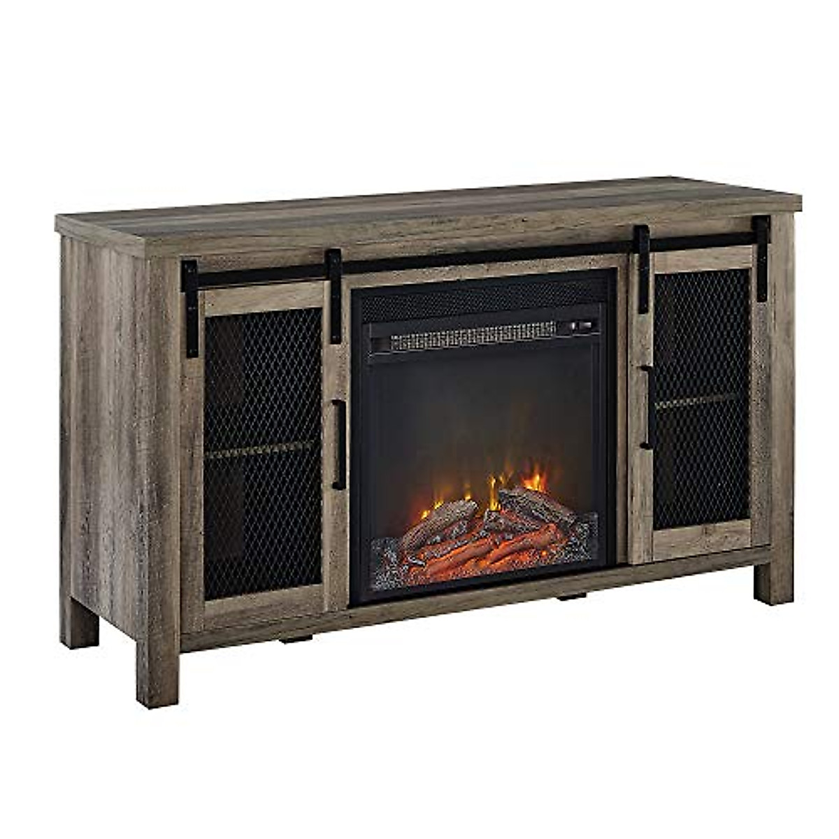 Walker Edison Tall Farmhouse Metal Mesh Barndoor and Wood Universal Fireplace TV Stand or TV's up to 55" Flat Screen Living Room Storage Entertainment Center, 48 Inch, Grey Wash