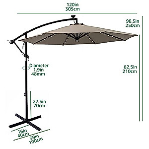 Helios&Hestia 10 ft Solar Powered Offset Cantilever Patio Umbrella Outdoor with LED Lights and Cross Base, Taupe