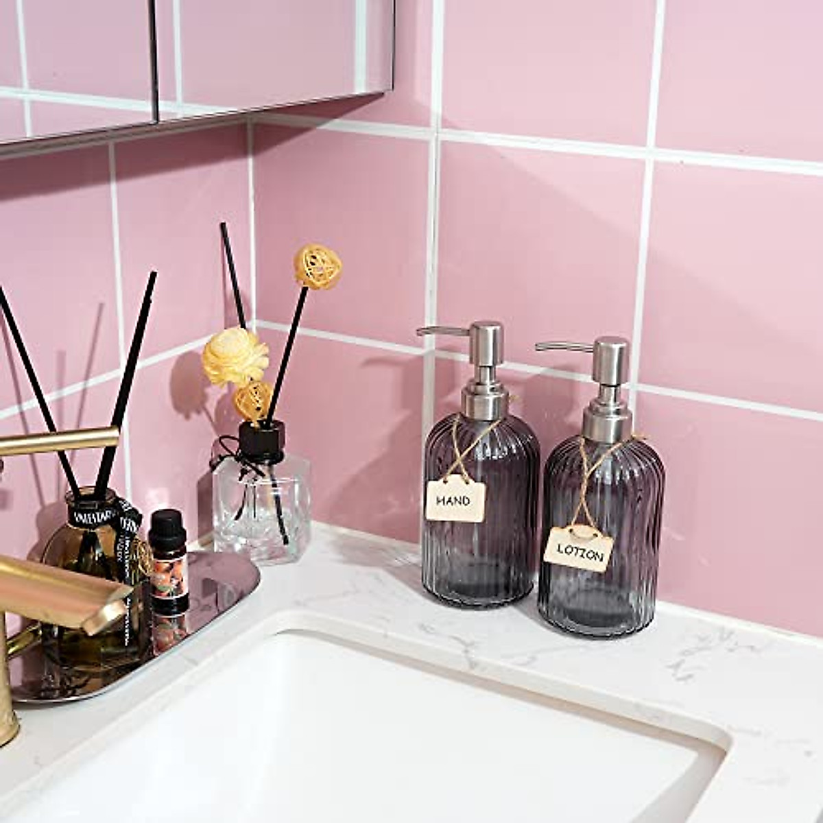 Funly mee 2-Pack 17 OZ Kitchen Dish Soap Bottle, Bathroom Hand Soap Dispenser with 304 Rustproof Stainless Steel Pump, Refillable Liquid Glass Soap Dispenser (Grey-2pack)