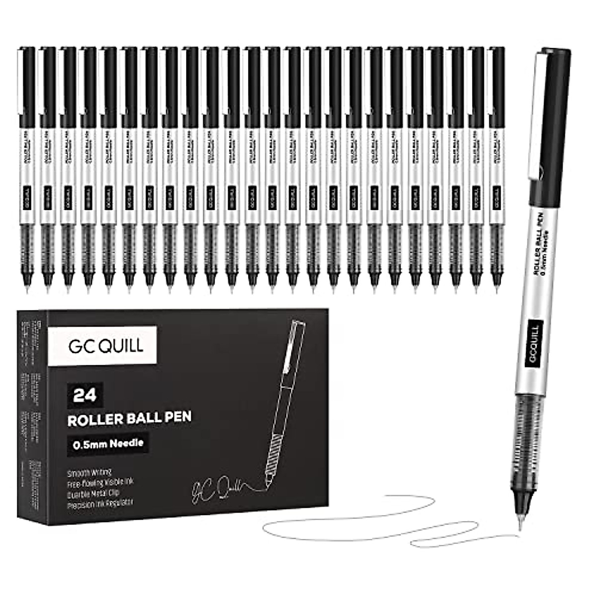 GC QUILL Rollerball Pens, Pack of 24, 0.5mm Black Liquid Ink Pens for Bullet Journaling, Fine Point Rollerball, Office Supplies for Writing, Taking Notes & Sketching BK24