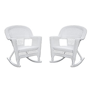 Jeco Rocker Wicker Chair with Blue Cushion, Set of 2, White