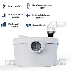 Simple Project 600 Watt Macerating Toilet With Pump, Upflush Toilet For Basement Toilet System, With 4 Water Inltes For Bathroom, Shower, Laundry (Two Piece Toilet)