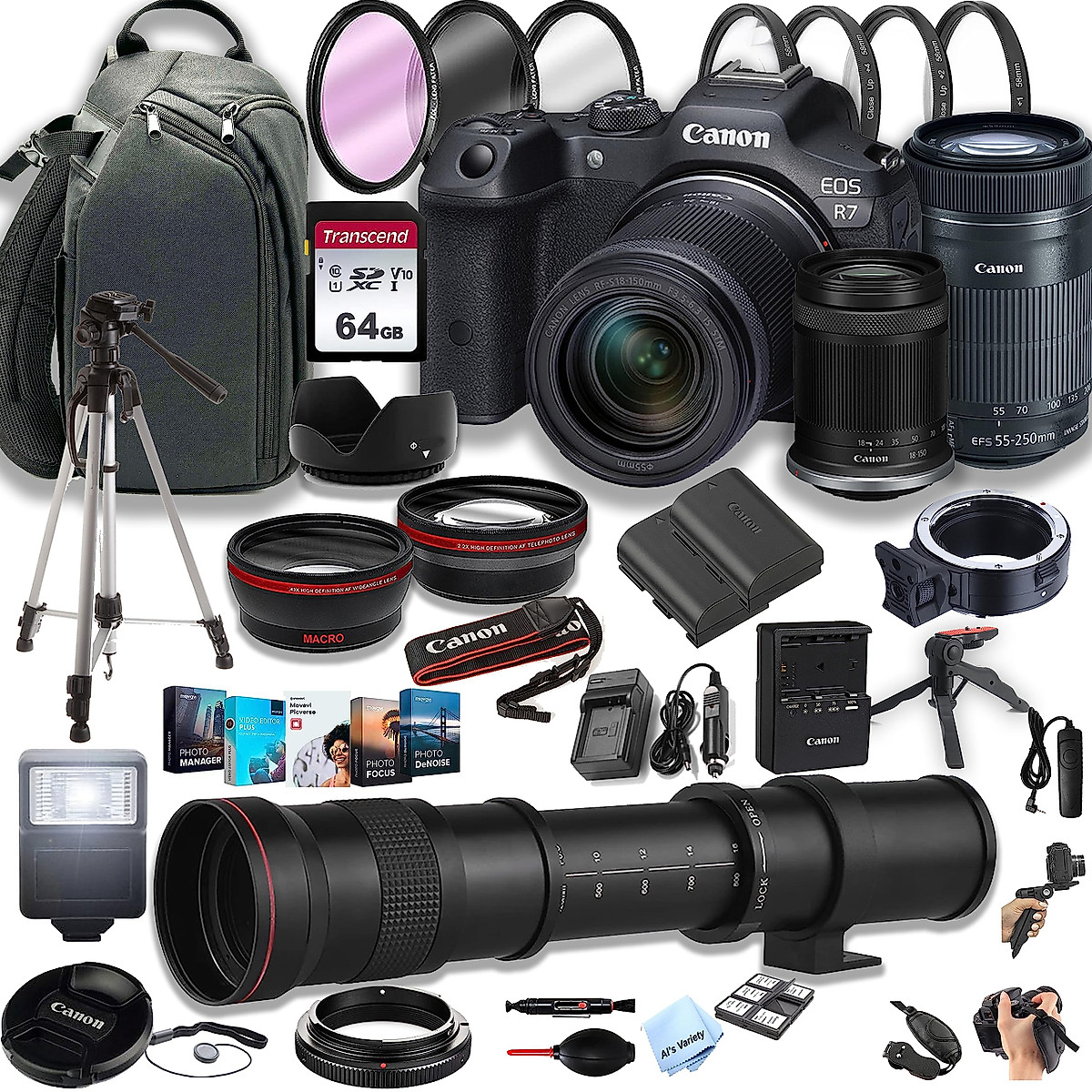 Canon EOS R7 Mirrorless Digital Camera with RF-S 18-150mm f/3.5-6.3 is STM Lens + 55-250mm f/4-5.6 is STM Lens + 420-800mm Super Telephoto Lens + 64GB Memory Cards, Professional Photo Bundle (44pc)