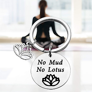 BEKECH Inspirational Yoga Keychain No Mud No Lotus Keychain Lotus Flower Yoga Jewelry Yogi Gift Yoga Lover Gift (silver)