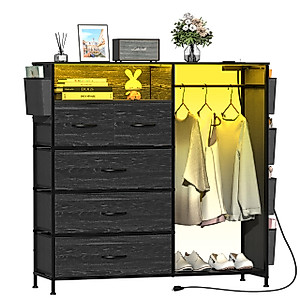 Espelism Dresser for Bedroom with Clothes Rack Side Pockets 5 Drawer Dresser with Charging Station LED Lights Black Storage Chest of Drawers for Nursery Hallway Closet Sturdy Steel Frame Wood Top
