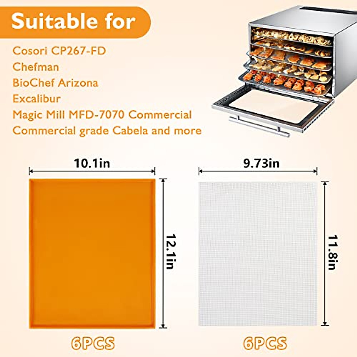 6PCS Silicone Dehydrator Sheets,Fruit Leather Silicone Dehydrator Mats with Edge Compatible with Cosori CP267-FD, Non-Stick Food Dehydrator Mats for Fruits Meat Vegetables Herbs (Orange 6 Packs)