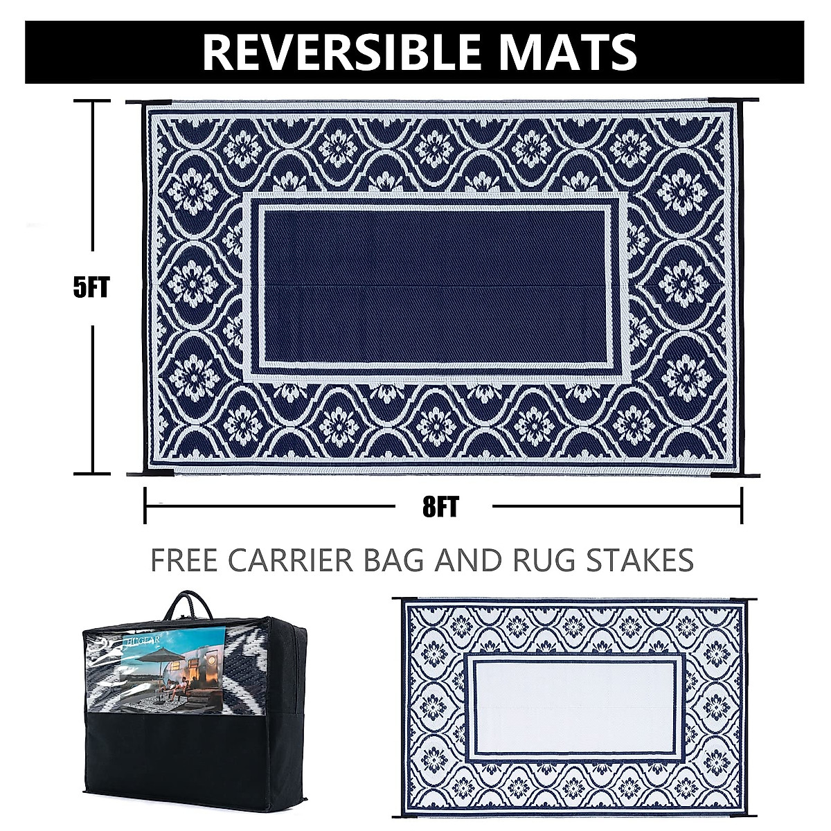 HUGEAR Outdoor Rug Mats, Large Waterproof Area Rug, Reversible Portable Outdoor Plastic Straw Carpet for RV Deck Camping Front Door Indoor Outside Porch Picnic (5x8ft Lantern Navy Blue&White)