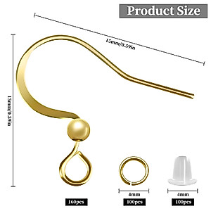 160 PCS/80 Pairs 14K Gold Tone Plated Earring Hooks Hypoallergenic Ear Wires Fish Hooks with 100 PCS Clear Silicone Earring Backs and 100 PCS Jump Rings Gold Earring Findings for DIY Jewelry Making