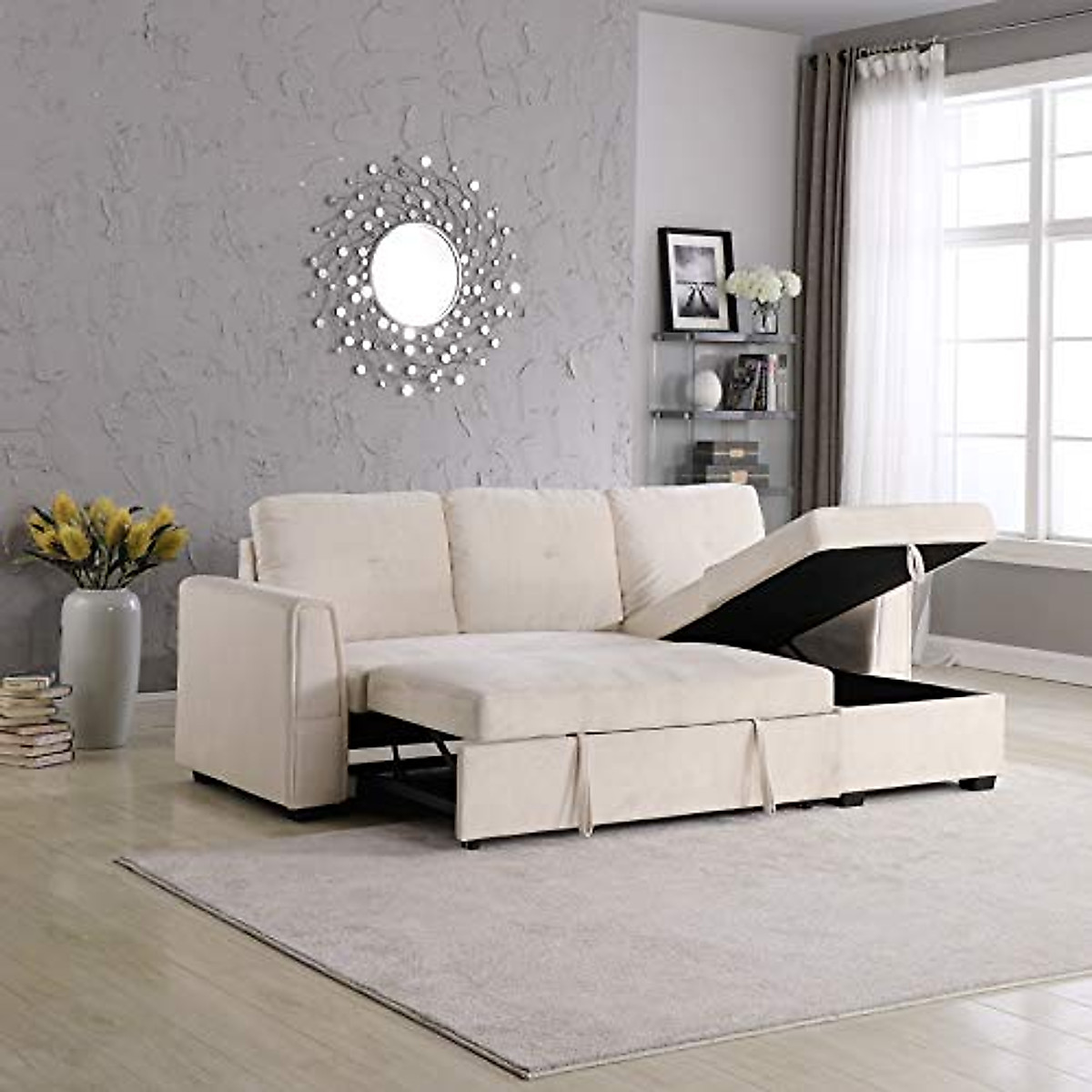 Legend Vansen 91''Velvet Sofa Chaise Storage Reversible L-Shape Sleeper Sectional,Sofabed,Seelper, Apt, Cream
