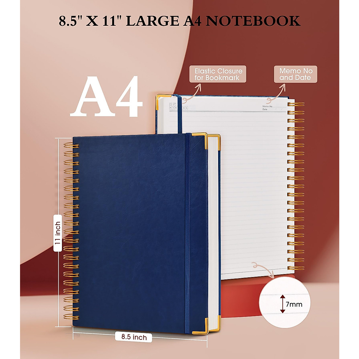 Spiral Notebook Journal 8.5” x 11”, 300 Pages Hardcover Leather Lined Journals for Women Men, A4 Large College Ruled Notebooks with 100 GSM Thick Paper, Spiral Journal for Writing Work School, Navy