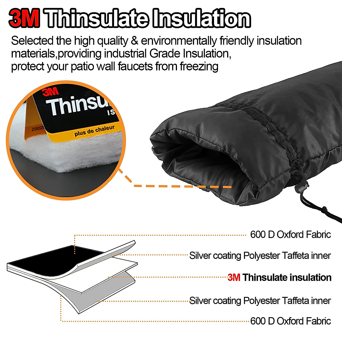 XXL Outdoor Faucet Covers for Winter, 3M Thinsulate Sprinkler Freeze Protector, 25”H x 13”W for Garden Lawn Faucets and Yard Hydrant, Waterproof Insulated Spigot Cover, Reusable Faucet Sock