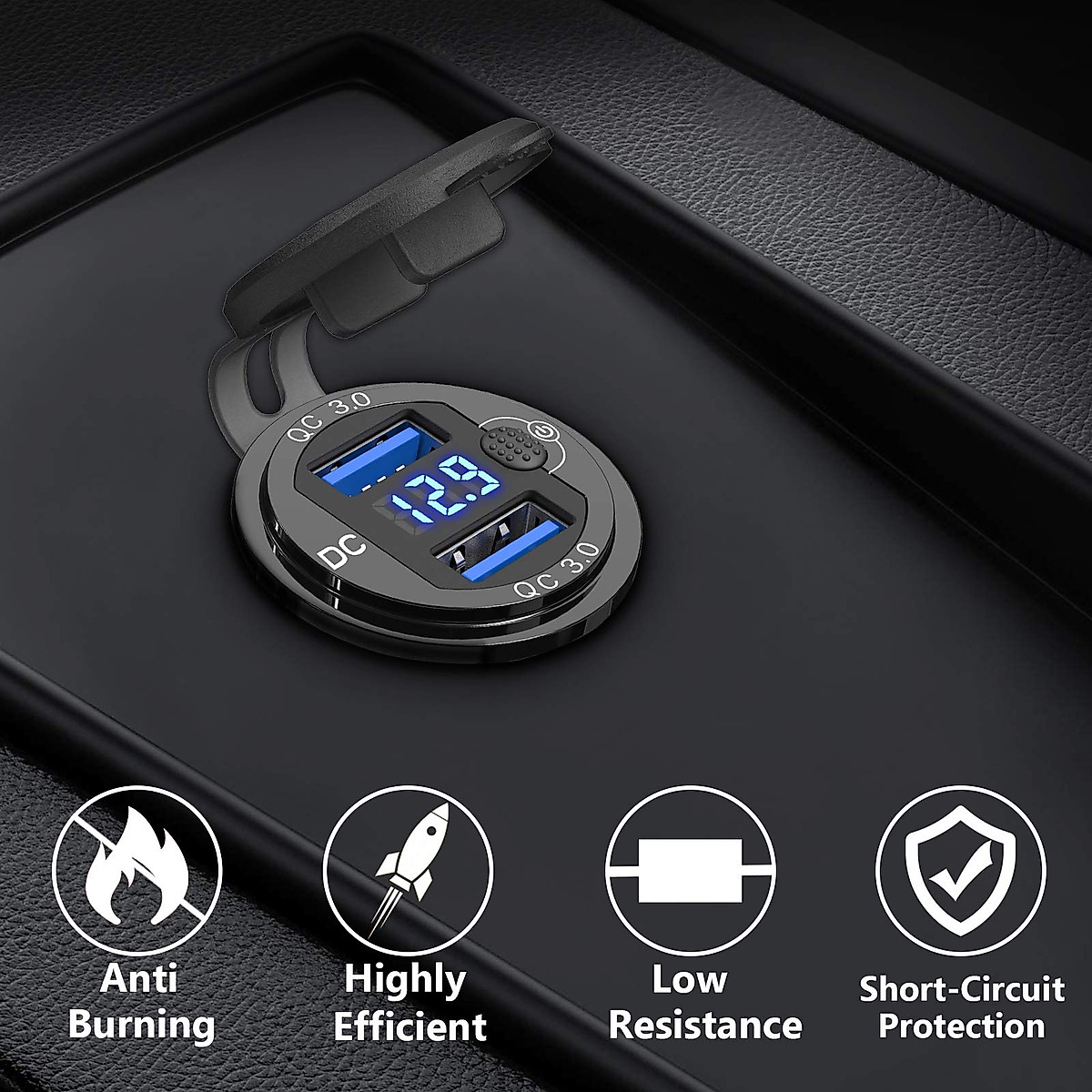 [Upgraded Version] 12V USB Outlet Dual Quick Charge 3.0, Qidoe Aluminum Socket 12V Motorcycle USB Outlet with LED Voltmeter Button Switch Waterproof 12V Car Charger for Boat Marine Moto RV Golf Cart