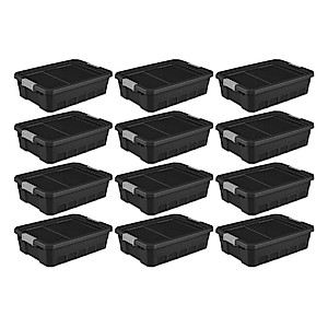 Sterilite 10 Gallon Plastic Stacker Tote, Heavy Duty Lidded Storage Bin Container for Stackable Garage and Basement Organization, Black, 12-Pack