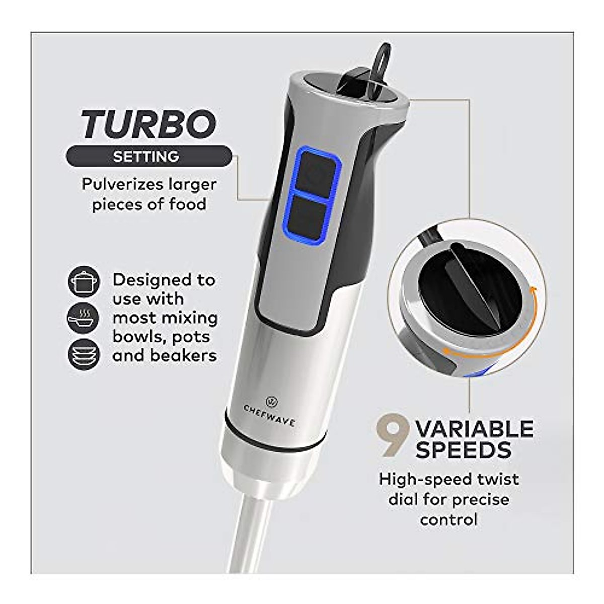 ChefWave Intermix Immersion Blender Handheld, 500W 5-in-1 Multi-Purpose Hand Blender, 9-Speed Stick Blender, 20oz Beaker, 20oz Chopper, Egg Whisk, 6.3in & 8.5in Immersion Wands, Black