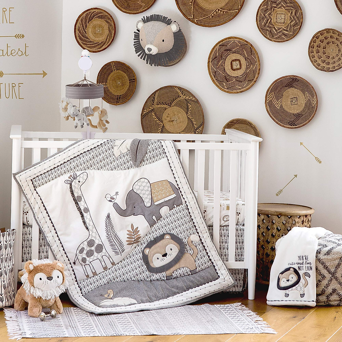 Levtex Baby - Tanzania Crib Set - Baby Nursery Set - Charcoal Cream Tan - Jungle - Giraffe Lion Elephant - 5 Piece Set Includes Quilt, Fitted Sheet, Diaper Stacker, Wall Decal & Bed Skirt/Dust Ruffle