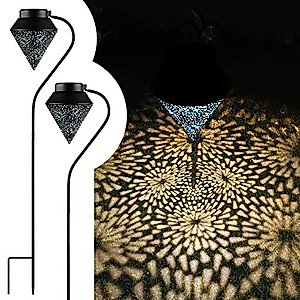 Bownew Garden Metal Solar Pathway Lights Outdoor Decorative Path Lights with Hanging Flower Lanterns for Patio and Yard - Set of 2