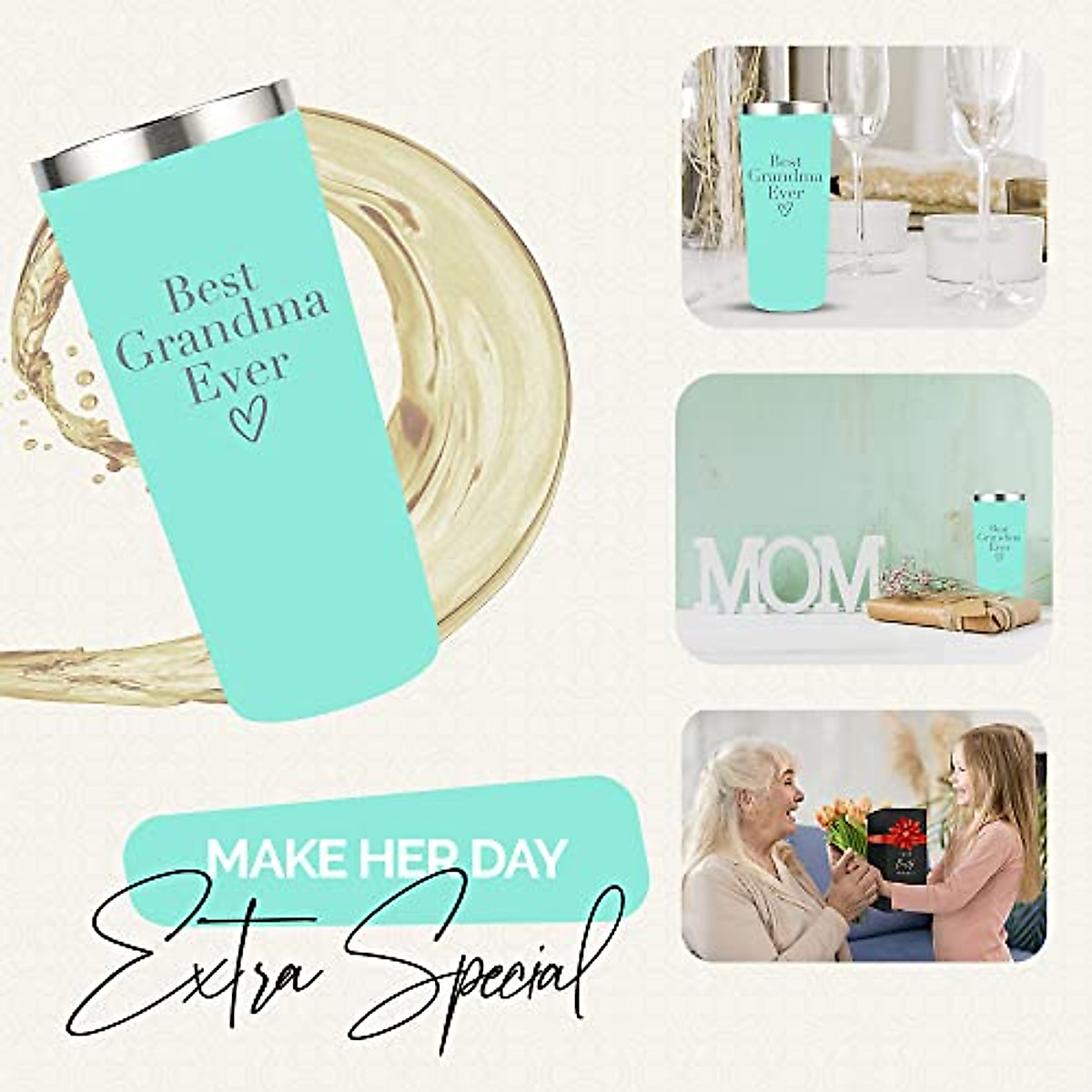 Best Grandma Ever Tumbler- 22oz BPA Free Tumbler Travel Mug with Straw and Lid- Best Grandma Gifts - Best Grandma Tumbler for Mothers Day Tumbler for Grandma - Best Grandma Water Bottle