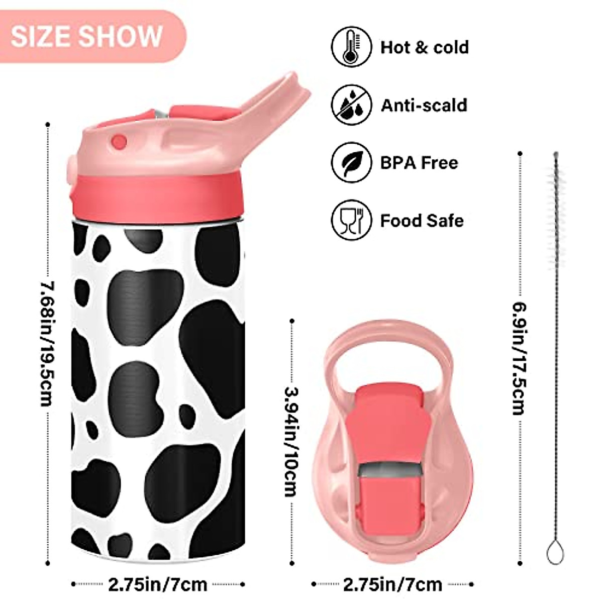 Black & White Cow Print Kids Water Bottle with Straw Lid, Vacuum Insulated Stainless Steel Double Walled Leakproof Tumbler Travel Cup for Girls Boys Toddlers, 12 oz