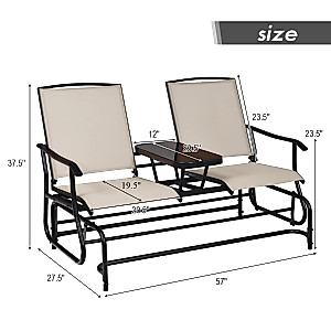 ReunionG 2-Person Outdoor Glider Chair, Patio Glider Bench Loveseat w/Tempered Glass Center Table & Sturdy Metal Frame, Porch Swing Rocking Chair for Outside, Balcony, Garden, Beige
