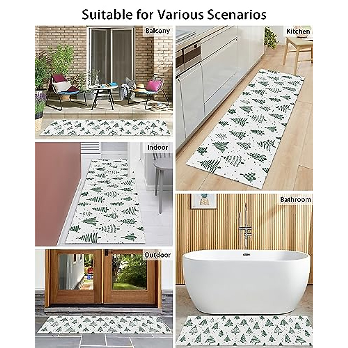 Entryway Door Mat, Non Slip Floor Mats Low-Profile Small Bathroom Kitchen Rugs, Christmas Green Xmas Tree Texture Absorbent Front Indoor/Outdoor Doormat - Easy to Clean Doormats