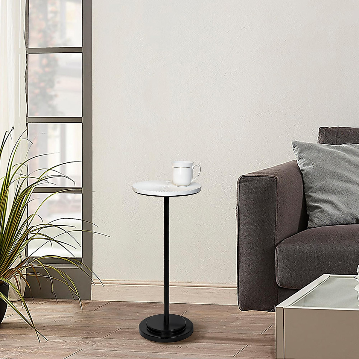 COVLON Drink Table, Carved Table Top Martini Table, Small Side Table, Weighted Base Pedestal Table for Living Room, Bedroom, Modern, White and Black